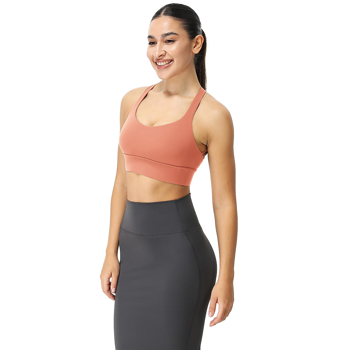 icyzone Sports Bras for Women - Activewear Strappy Padded Workout Yoga Tops Bra (Copper Brown, L)