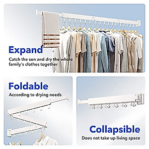 ADUUNKA Clothes Drying Rack Wall Mounted, Wall Mount Laundry Drying Rack, Drying Rack Clothing, Laundry Rack Retractable, Foldable Clothes Hanger Rack, Laundry Hanging Rack, White Color（J-Hooks