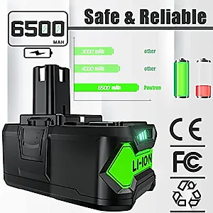 POWTREE Upgraded 6500mAh 18V Replacement for Li-ion Ryobi 18V Battery ONE+ Plus P108 P102 P103 P104 P105 P107 P109 P122 PBP005 RB18L50 Cordless Power Tools with LED Indicator 2Pack