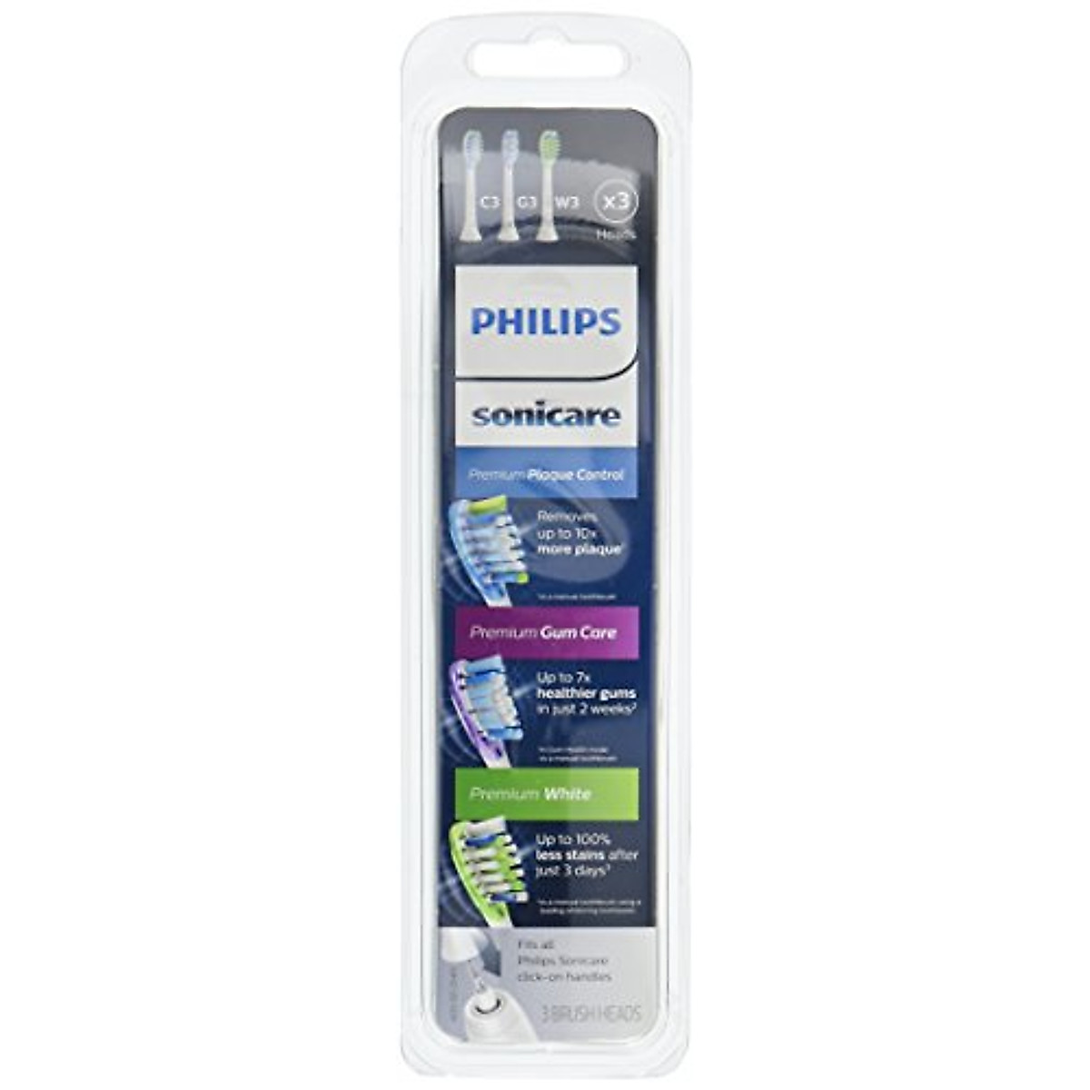 Philips Sonicare Genuine Replacement Toothbrush Heads Variety Pack, C3 Premium Plaque Control, G3 Premium Gum Care & W3 Premium White, 3 Brush Heads, White, HX9073/65