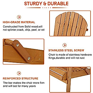 Adirondack Chair Weather Resistant Patio Chairs Folding Outdoor Chair w/Long Arms Solid Wooden Heavy Duty Reclining Fire Pit Chair for Deck, Lawn, Backyard, Garden - Natural