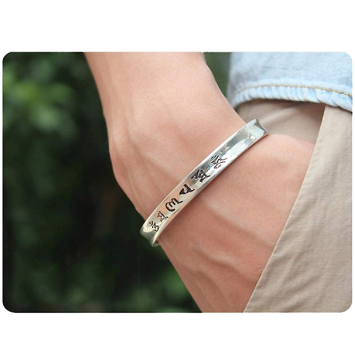 DUANMEINAD Fashion Open Bracelet With Chinese Word Bangle Buddhist Heart Sutra For Man & Women Cuff Bangle (Vintage silver)