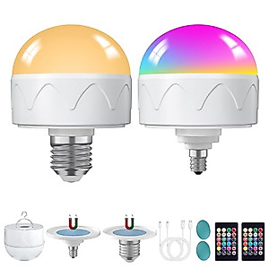 2Pack Rechargeable Light Bulbs with Remote E26/E12 Battery Operated Light Bulb 2200mAh, 3 Color Temperatures/Timer/Dimmer/Color Changing Puck Lights with Remote, Cordless Light Bulb for Non-Hardwired