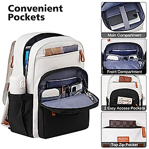 MOMUVO Laptop Backpack for Women Men, Lightweight High School Bookbag College School Bag for Boy Girls, Aesthetic Backpack for Travel, Fits 15.6Inch Laptop, Beige-Black