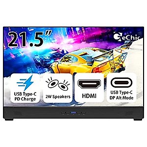 Gechic 2101H 21.5" Portable Travel Monitor 1080p HDMI, USB-C Docking Power Delivery for Laptop/MacBook/Switch/Smartphone Fast Charge 45 W, Dual Video Interface, 2W Speaker with Protective Travel Bag