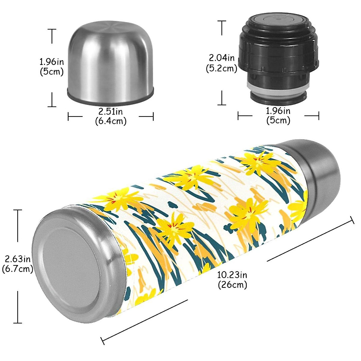Stainless Steel Leather Vacuum Insulated Mug Yellow Flower Thermos Water Bottle for Hot and Cold Drinks Kids Adults 16 Oz