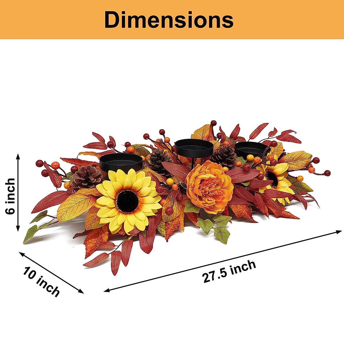 Fall Centerpiece Table Decorations, 27.5'' L Assorted Artificial Peony, Sunflowers, Berries, Autumn Leaves, Pine Cones, Harvest Table Candle Holder for Dinning Table, Fireplace (Candle Not Included)