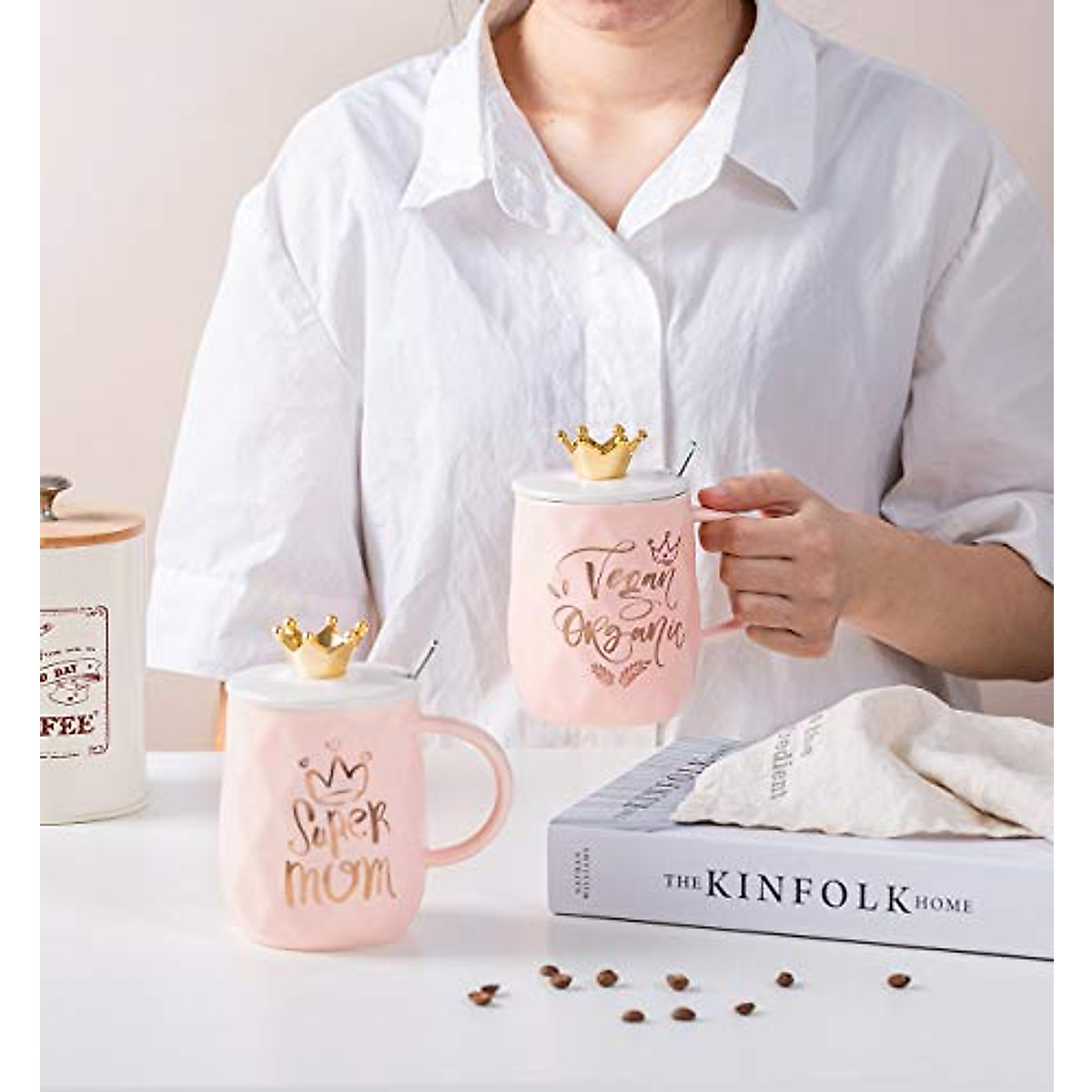 Mug for Mom with Crown Cute Coffee Ceramic Cup Unique Gift for Women Queen Wife Grandma Girlfriend Daughter Mother's Day - 15oz with Lid & Spoon (Super Mom)