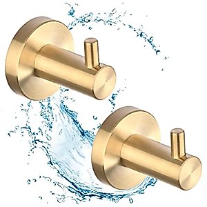 SHUNLI 2 Pack Bathroom Hooks Wall Hook, Brushed Gold Towel Hooks Bath Coat Robe Hanger Holder, SUS304 Stainless Steel Heavy Duty Wall Mounted Hook