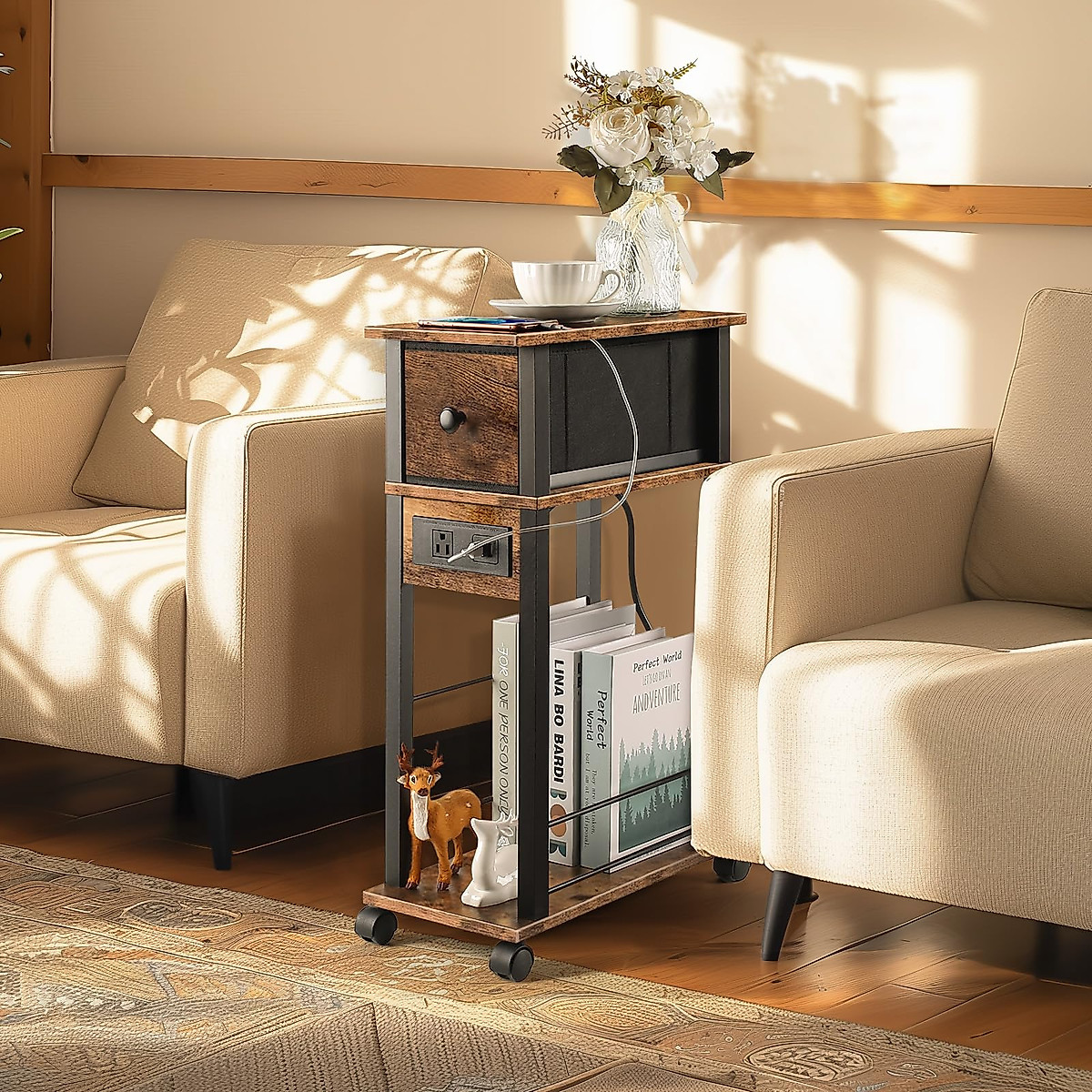 DGSANDGO Side Table with Charging Station and Drawer, Narrow End Table with USB Ports and Outlets for Small Space, Living Room, Bedroom and Office, with 4 Wheels Rustic Brown and Black