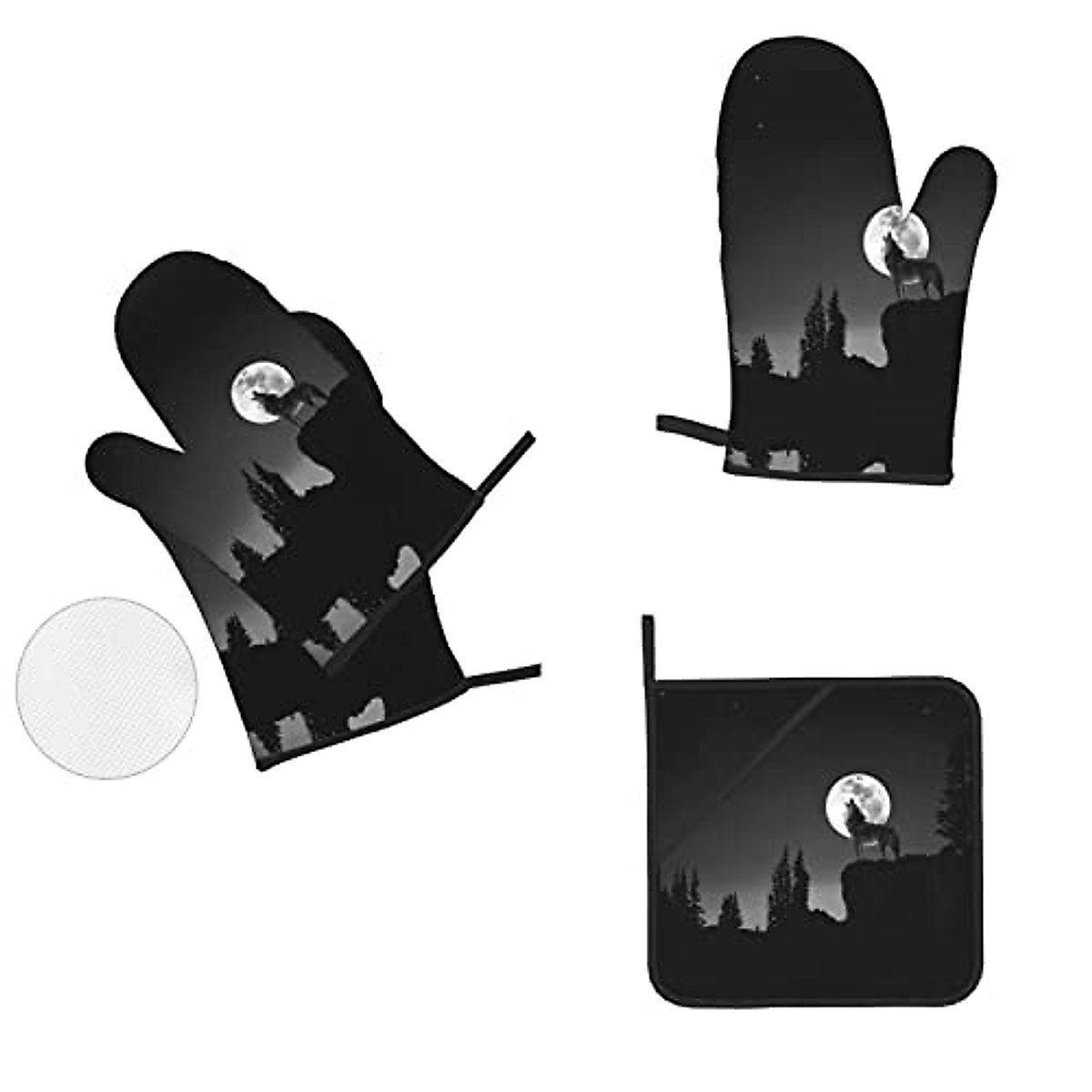 Wolf Night Moon Oven Mitts and Pot Holders Sets,Multi-Function Kitchen Pot Holders with Pocket (4 Pcs)
