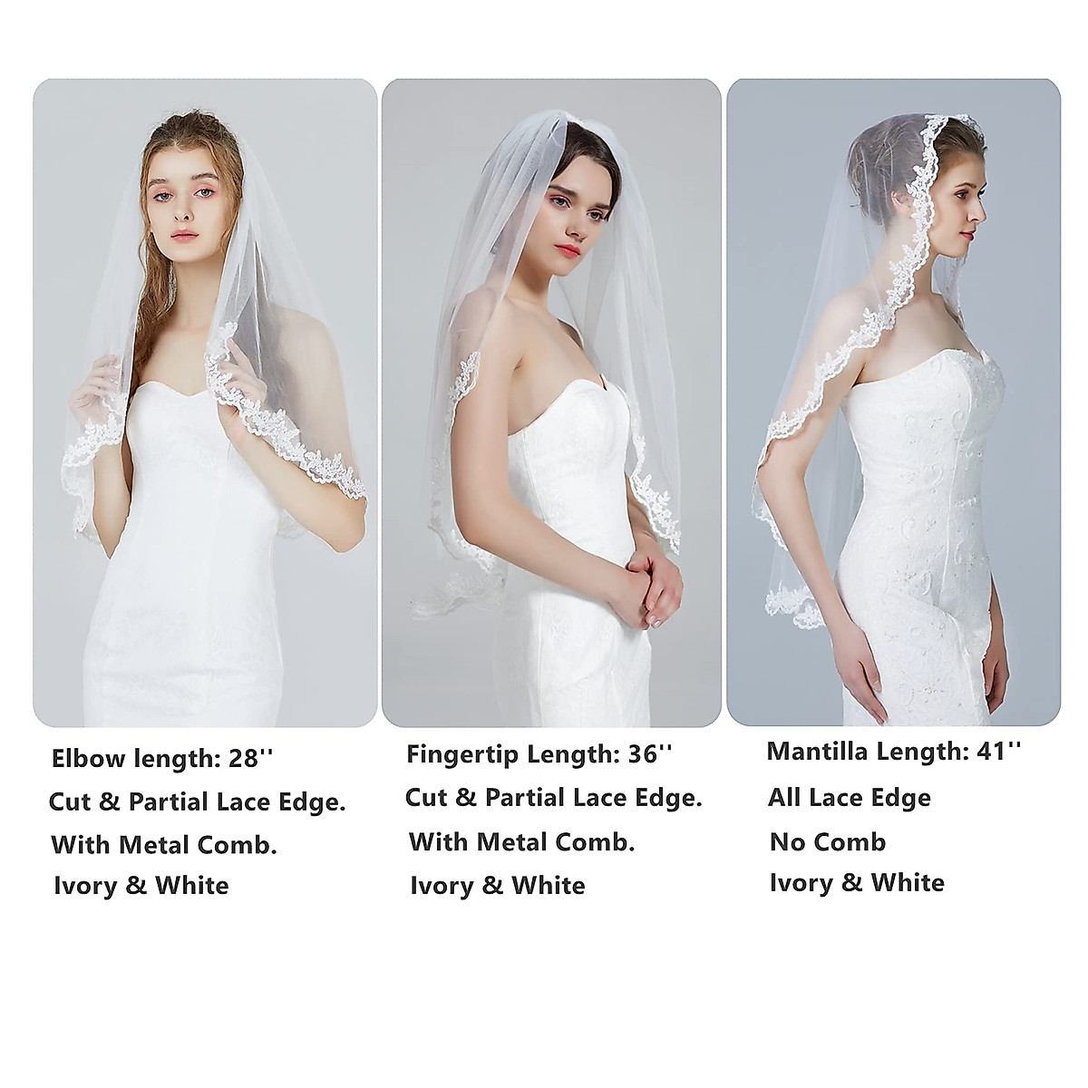 BEAUTELICATE Wedding Bridal Veil with Comb 1 Tier Lace Applique Edge Fingertip Length 36" Ivory