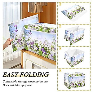 Kigai Butterfly Wildflower Storage Basket with Lids and Handles,Collapsible Storage Bins Organizer for Bedroom Organization,Office Storage,Toys,16.5x12.6x11.8 In