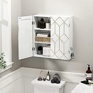 AZODY Bathroom Cabinet with Gold Trim, Wall-Mounted Bathroom Cabinet Storage Cabinet with Adjustable Shelves and Side Hooks, Space Saver Medicine Cabinet for Livingroom, Laundry, Frameless White