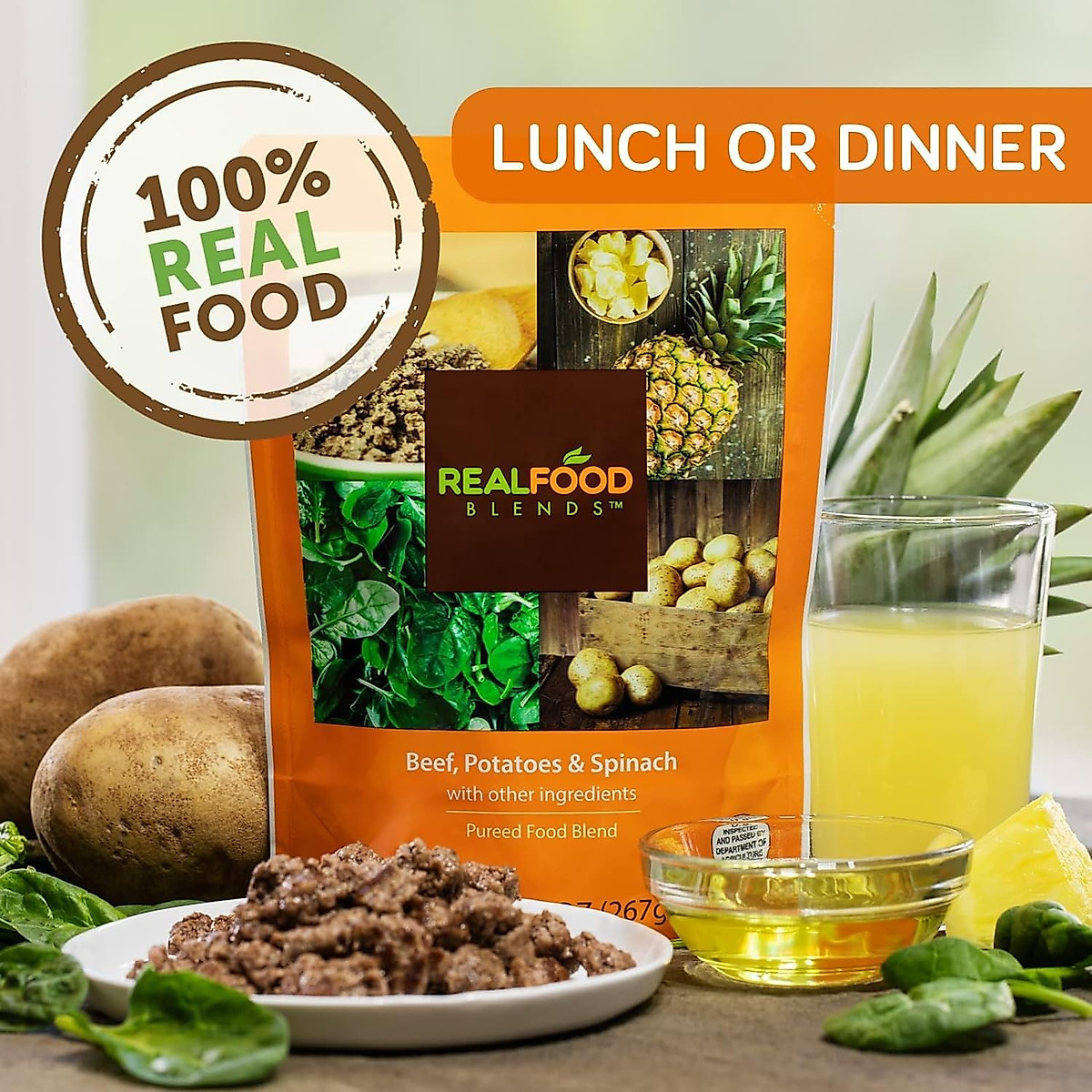 Real Food Blends Beef, Potatoes & Spinach - Pureed Food Meals for Tube Feeding with Protein, Vegetables & Fruits - 330 Calories for Lunch & Dinner - 9.4 oz (Pack of 12)