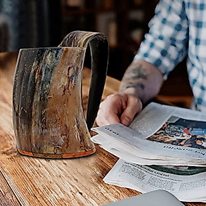 Eleet Original Viking Drinking Horn Mug - 20 Oz Wood Base Extra Large Medieval Inspired Cup Unpolished Natural & Real Horn Tankard (20 Oz Jumbo Unpolished)