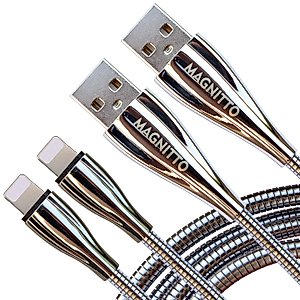 MAGNITTO Metal Braided USB Fast Charging Cable, Stainless Steel, Strong Durable Wire, Tangle Free, Heavy Duty, Chew Proof, USB2.0 Cables Sync Charger Cords - 6ft 2pack
