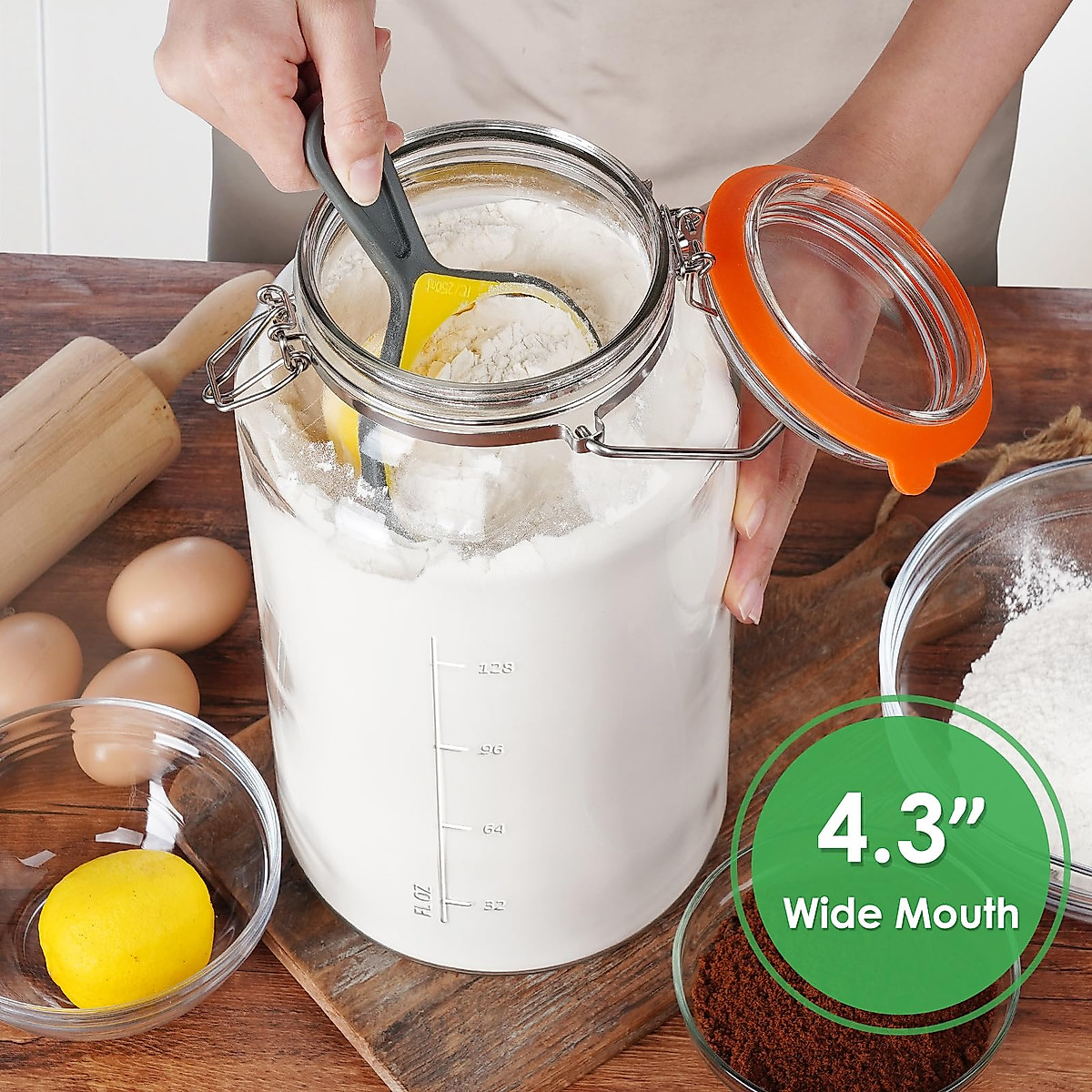 Wide Mouth Glass Mason Jar with Glass Flip Lid and Silicone Seal, 1.5 Gallon Glass Jar with Handle, Big Pickle Jars with Capacity Mark, Large Glass Jar with Lid for Kitchen Food Storage(1 Pack)