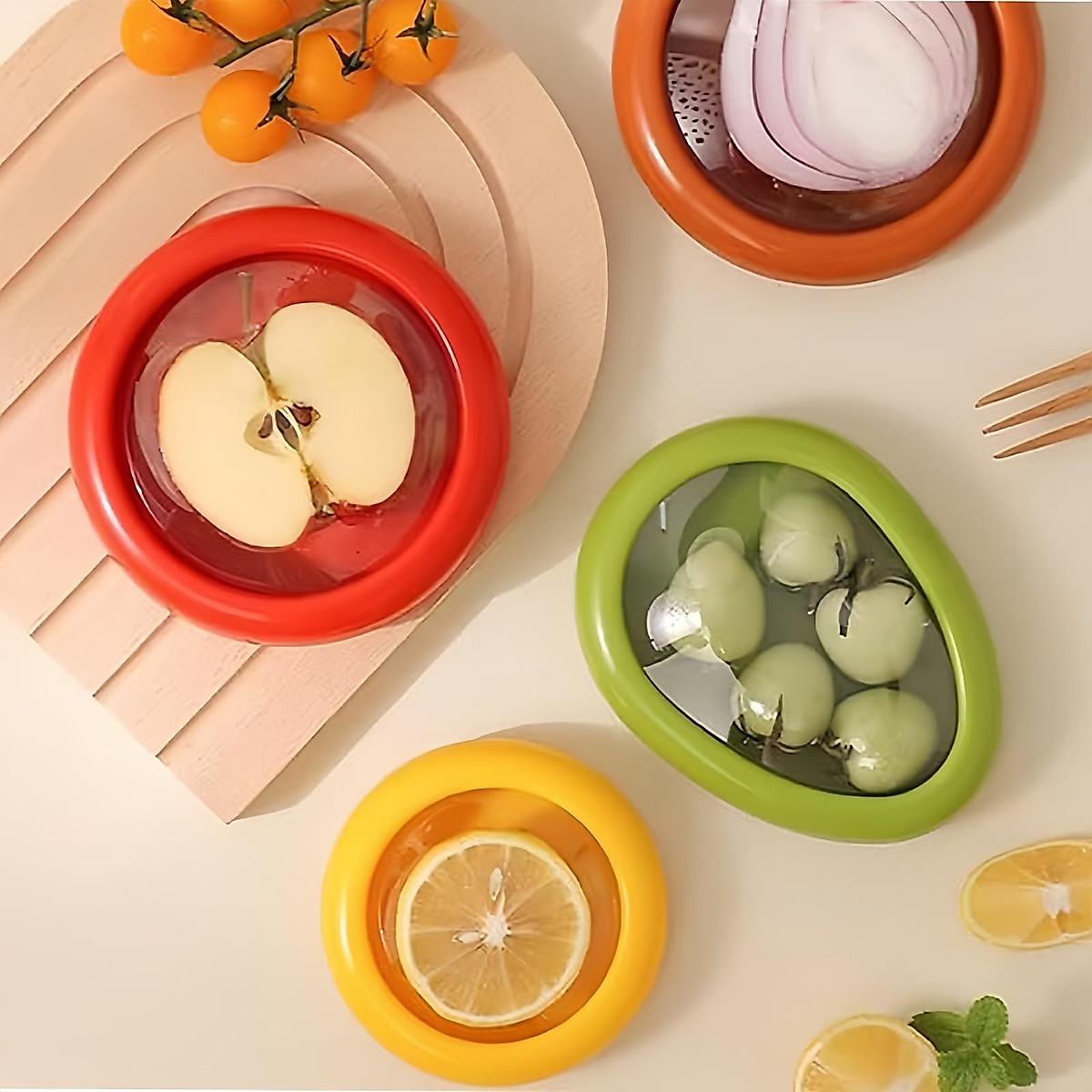 PYNASA 4 Pack Silicone Fruit and Vegetable Storage Containers Box for Fridge, Keep Fresh, Anti-oxidation, Ideal for Veggie, Onion, Garlic, Lemon, Tomato, Avocado, Refrigerator