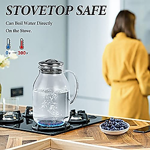 Hiware Glass Pitcher with Lid and Spout - 68 OZ Water Pitcher for Hot/Cold Water & Iced Tea, 18/8 Stainless Steel Lid, High Heat Resistance, 100% Lead-free Clear