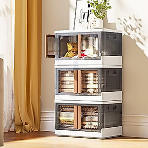 YITAHOME Storage Cabinet, Foldable Storage Bins with Clear Double Door, 8.4 Gal Storage Containers Stackable Storage Box for Groceries, Toys, Books (3 Packs, White)