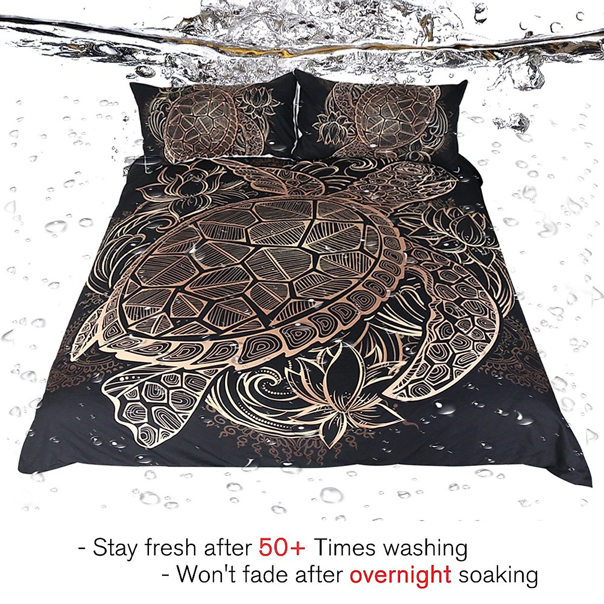 Sleepwish Gold Black Tortoise Bedding 3D Printed Golden Duvet Cover Turtle Floral Pattern Funky Duvet Cover Bedspread Quilt Cover (Queen)