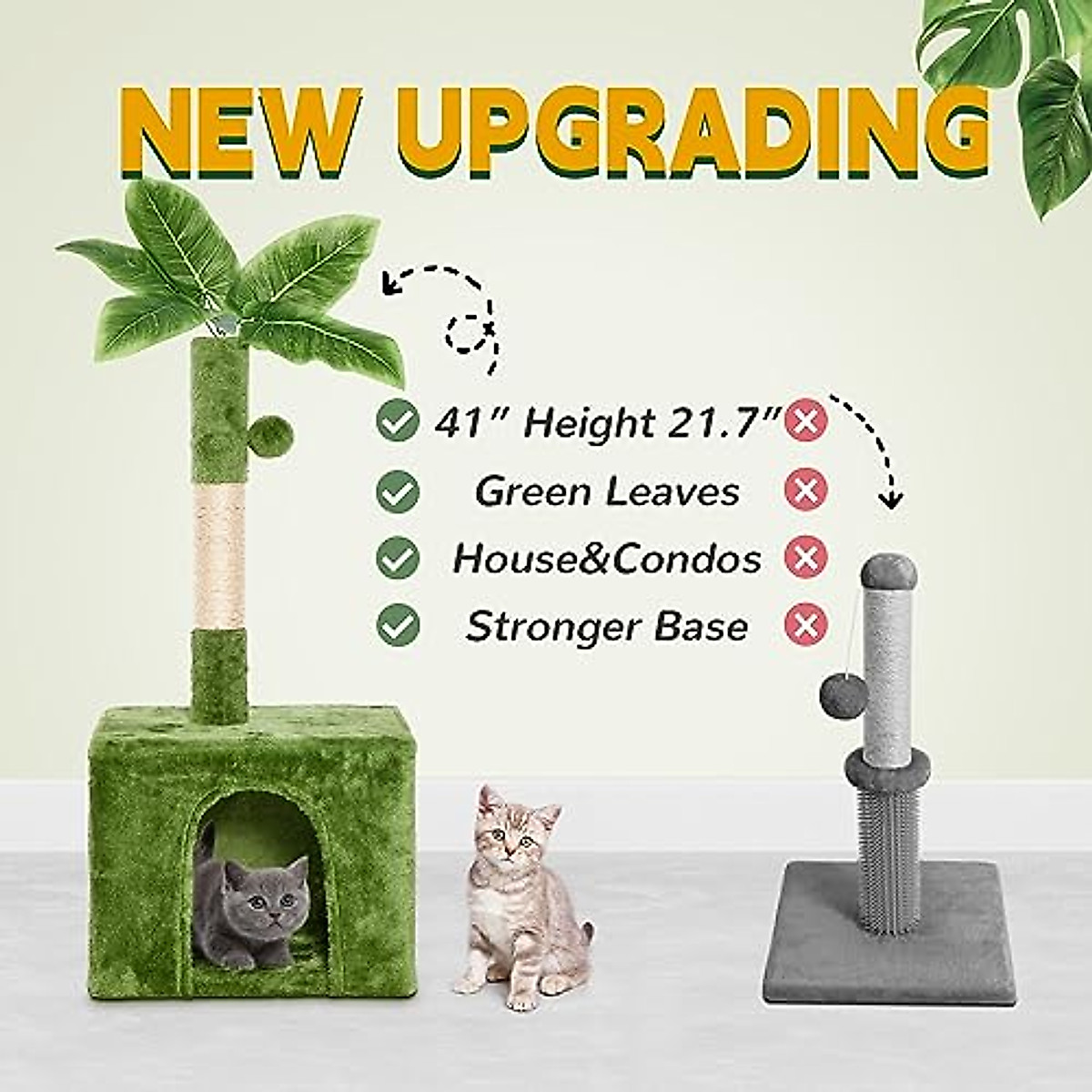 TSCOMON 41" Cat House Cat Tree for Indoor Kitten Small Cats with Green Leaves, Cozy Plush Indoor Plant Design Cat House Cute Cat Condo Cat Scratching Posts with Hang Ball, Green Pet Home Cat Furniture