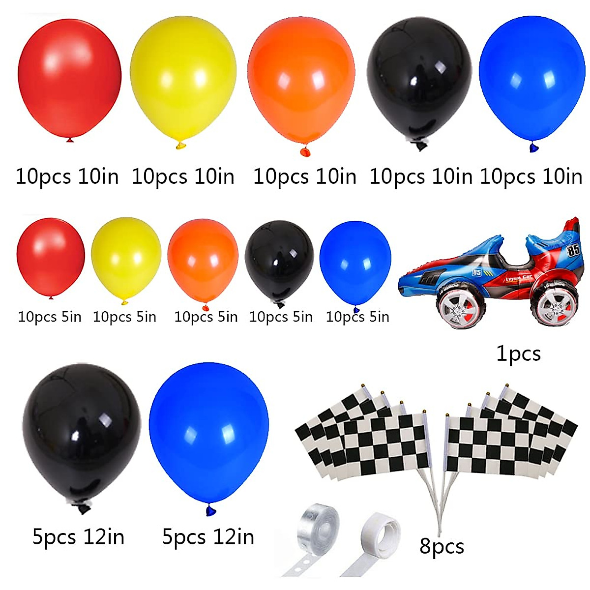 YNOU 121 Pcs Racing Car Balloons Arch Garland Kit Decorations, Race Car Foil Balloons Checker Flag for Monster Car Truck Party, Finish Line Race Car,Nascar Party Supplies