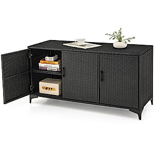 RELAX4LIFE 84-Gallon Outdoor Storage Box - Wicker Rattan 3-Door Patio Storage Cabinet Container w/Removable Shelves for Cushions, Garden Tools, Pool & Sports Equipment, Indoor Outdoor Deck Box (Black)
