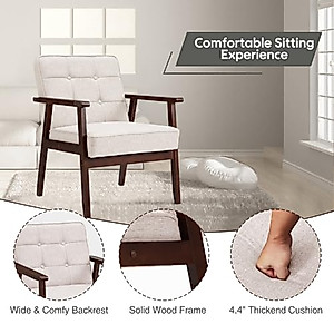 Hupmad Mid Century Accent Chair,Single Linen Upholstered Armchair with Solid Wood Frame,Wooden Side Chair Retro Lounge Sofa Leisure Chair for Living Room, Bedroom, Beige