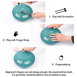 Rain Drum for Outside Garden,Steel Tongue Drum 12 Inches 15 Notes Musical Instruments, Handpan Drum Percussion Instrument, with Soft Bag, Music Book, 2 Mallets, for Meditation or Yoga (Green)