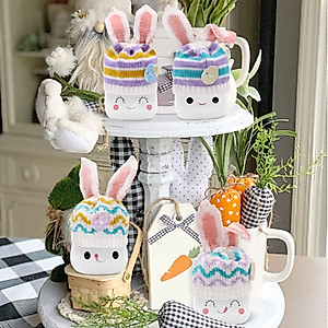 Vansolinne Easter Marshmallow Mug Hats Strip and Wavy Bunnies Crochet Ceramic Cup Toppers Mini Rabbit Mug Hat Cover Spring Kitchen Tiered Tray Decoration Baubles Eggs Holiday Celebration Decor 4PCS