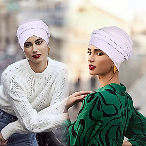 African Women Turban Caps Beanie Twist Headscarf Pre Tied Double Braid Headwrap Hat (White)