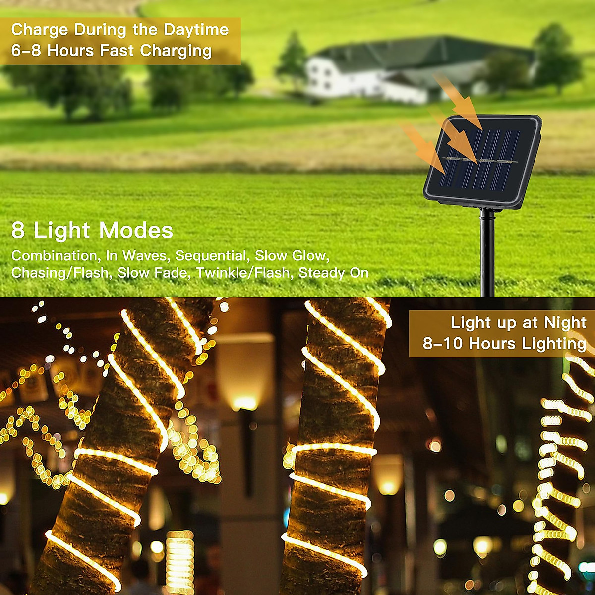 Eueasy 130 LED 42.7ft Solar Rope Lights for Outside with Waterproof PVC Tube,Solar String Lights,Outdoor Decor for Garden, Patio, Fence, Deck, Sidewalk, and Pathway in Warm White