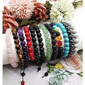 FINZOR 12Pcs 8mm Stone Beads Bracelets for Women Men Semi-precious Gemstone Crystal Beaded Bracelets Lava Rock Tiger Eye Amethyst Chakra Bracelets Unisex Adjustable