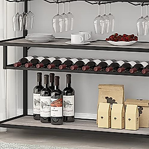 LVB Rustic Wine Rack Table, Metal and Wood Wine Cabinet Coffee Bar Cabinet, Freestanding Floor Liquor Bar Table with Glass Holder and Wine Storage, Light Grey Oak