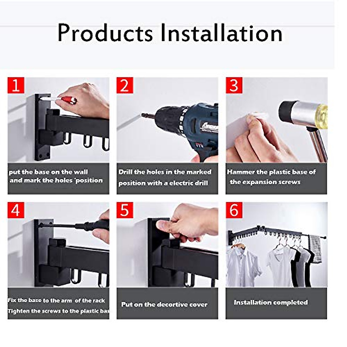 uyoyous Clothes Drying Rack 7.6 lbs Folding&Retractable 3-Level Wall Mount Space Saver Clothes Hanger with Towel Bar Laundry Drying Rack for Indoor Outdoor -Matte Black