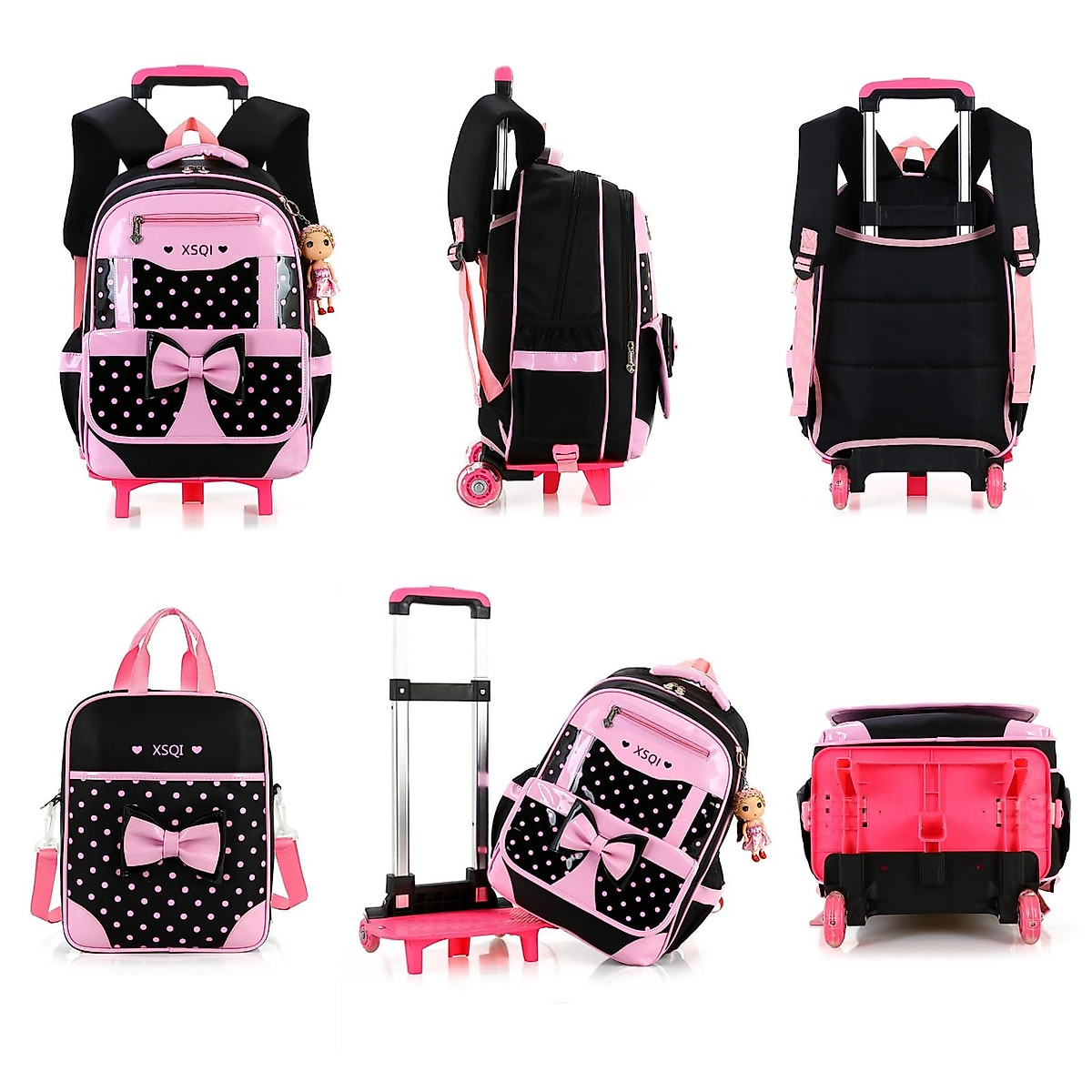 MITOWERMI Rolling Backpack for Girls Trolley School Bags Cute Bowknot Girls Backpack with Wheels Carry-on Travel Luggage with Handbag Toddler Elementary Princess Bookbags