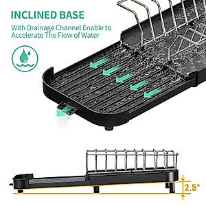Urackify Small Dish Drying Rack, Expandable Compact Dish Drainer with Cutlery Holder, Narrow Dish Rack with Drain for Kitchen Counter, Space Saving Slim Plate Rack, Dishes Holder for Sink Countertop