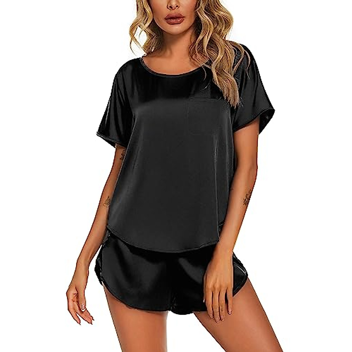 Ekouaer Short Pajamas for Women Silky Sleepwear Set Shorts Satin Nightwear Pyjamas Black M