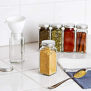 Tebery 30 Pack Glass Spice Jars Bottles 4oz Empty Square Spice Containers with Silver Metal Lids Complete Organizer Set Includes Shaker Tops, Wide Funnel and Labels