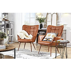 Yaheetech Faux Leather Chair Upholstered Living Room Chairs Accent Armchair with Tapered Legs Tufted Sofa Chairs for Home Office/Dining Room/Bedroom Brown, Set of 2