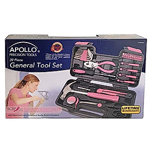 Apollo Tools Original 39 Piece General Household Tool Set in Toolbox Storage Case with Essential Hand Tools for Everyday Home Repairs, DIY and Crafts - Pink Ribbon - Pink - DT9706P
