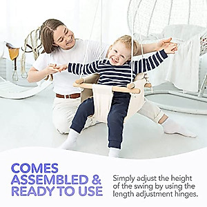 CaTeam - Canvas Baby Swing, Wooden Hanging Swing Seat Chair with Safety Belt, Durable Baby Swing Chair, Outdoor and Indoor Swing for Kids, Mounting Hardware Included, Ivory