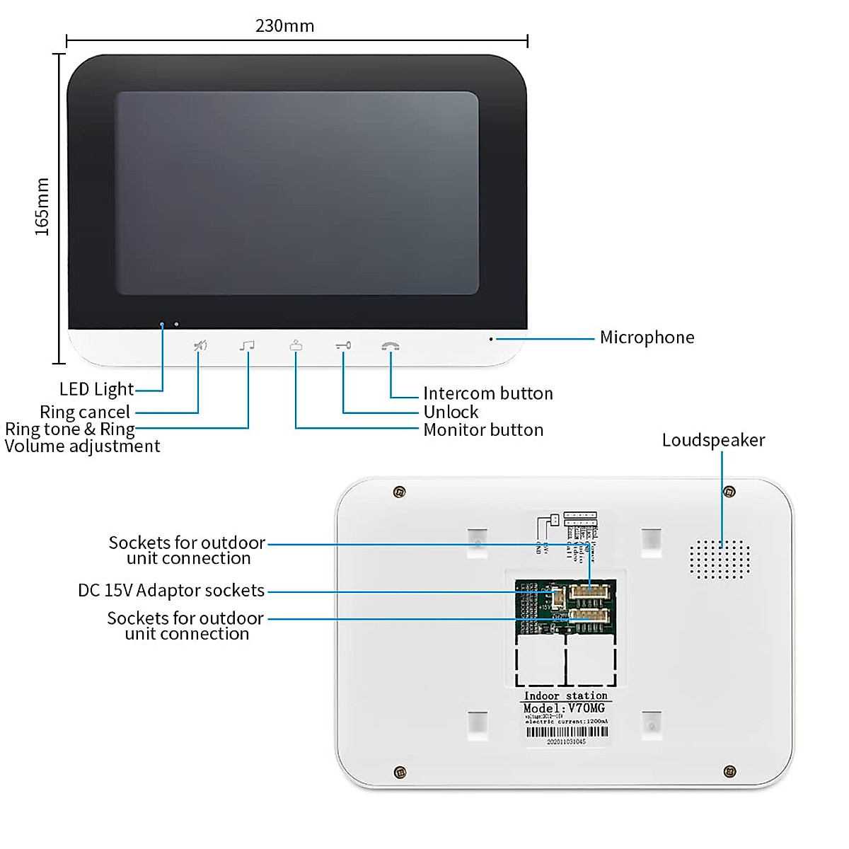 Video Intercom System, 7 Inch doorbell with Camera and Monitor, Video doorbell with IR-Cut Rainproof Outdoor Camera Visual Two-Way Intercom Audio Remote Unlock(1 Camera & 2 Monitors)