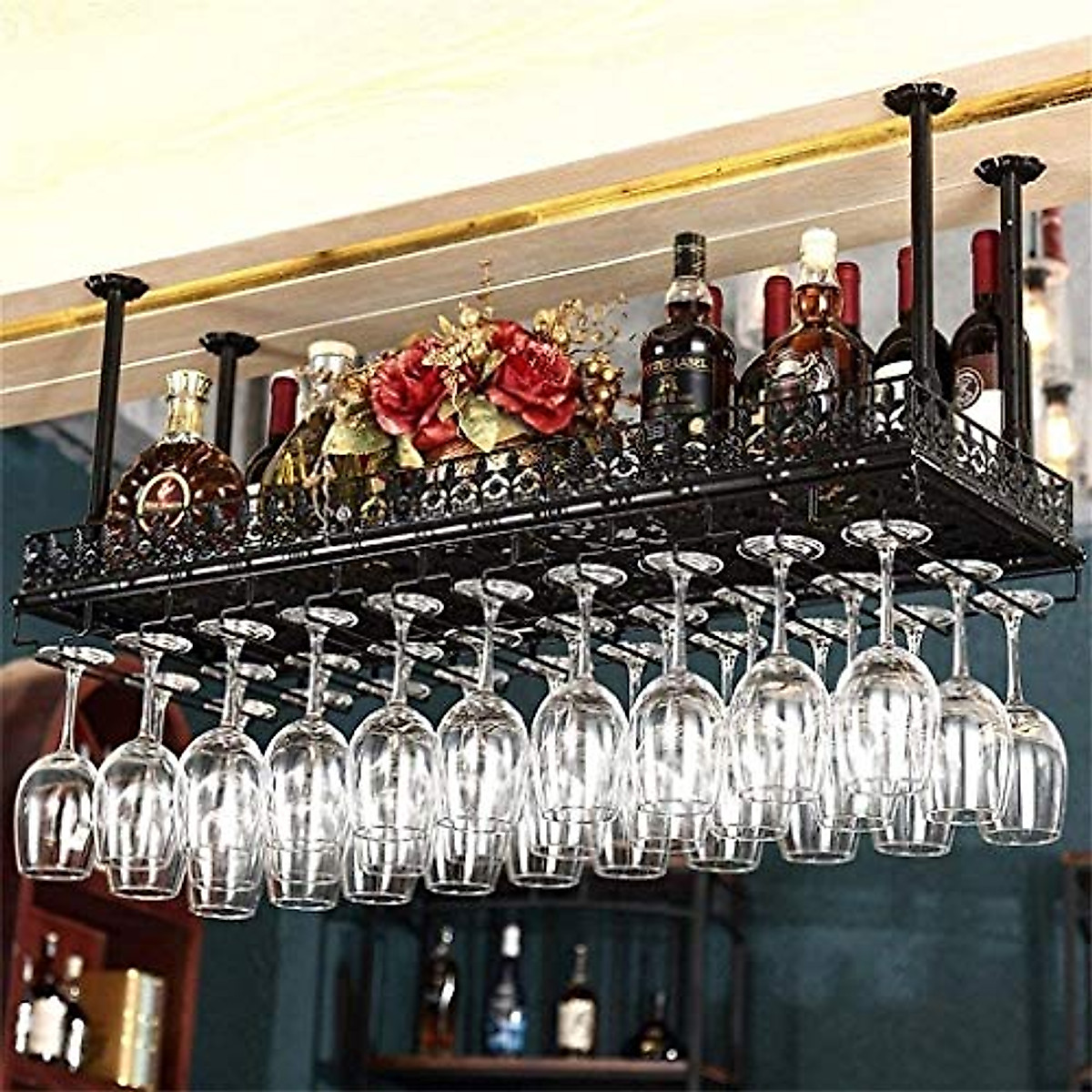 Ceiling Iron Wine Rack, Adjustable Height, Ceiling Mounted Hanging Wine Bottle Holder, Upside Down Champagne Glass Rack, Stemware Goblet Rack, Bar Home Decor