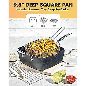 Granitestone 9.5 Inch Deep Frying Pan with Lid, 4 Pc Non Stick Deep Square Frying Pan Set with Steamer & Fry Basket, Large Frying Pan/Saute Pan for Cooking, Dishwasher/Oven Safe, 100% Non Toxic