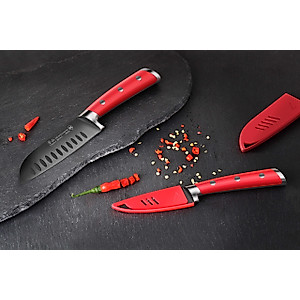 Cangshan S+ Series 1022131 German Steel Forged 2-Piece Titanium Coated Santoku Starter Knife Set with Sheaths, Jupiter Red