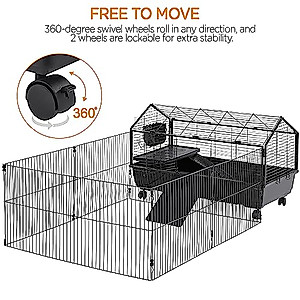 Yaheetech 39'' Rabbit Cage Rolling Small Animal Cage with Playpen/Ramps/Water Bottle/Hay Feeder/Bowl for Guinea Pigs, Chinchillas, Hedgehogs, Tortoises, Pet Cage for Rabbit Indoor, Black