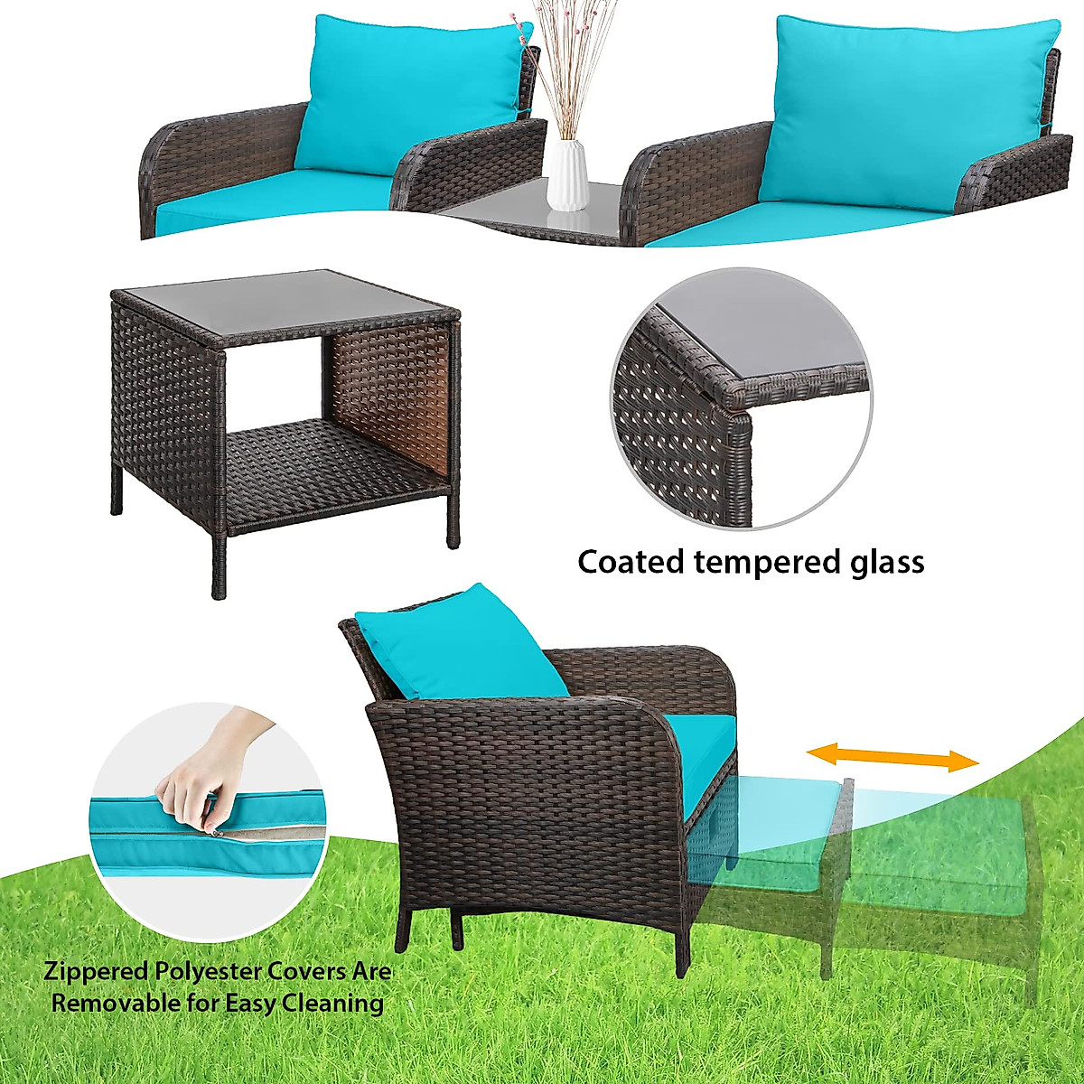 LEVELEVE Balcony Furniture 5 Piece Patio Conversation Set, PE Wicker Rattan Outdoor Lounge Chairs with Soft Cushions 2 Ottoman&Glass Table for Porch, Lawn-Brown Wicker